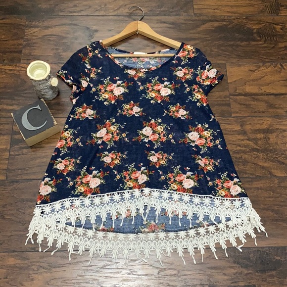 Blu Planet | Tops | Boho Blue Floral Lace Top | Poshmark